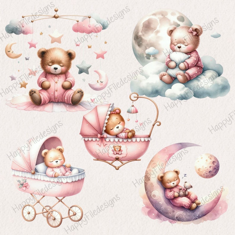 Watercolor Sleeping Teddy Bear Clipart, Pink Sleepy Teddy Bear Clipart ...