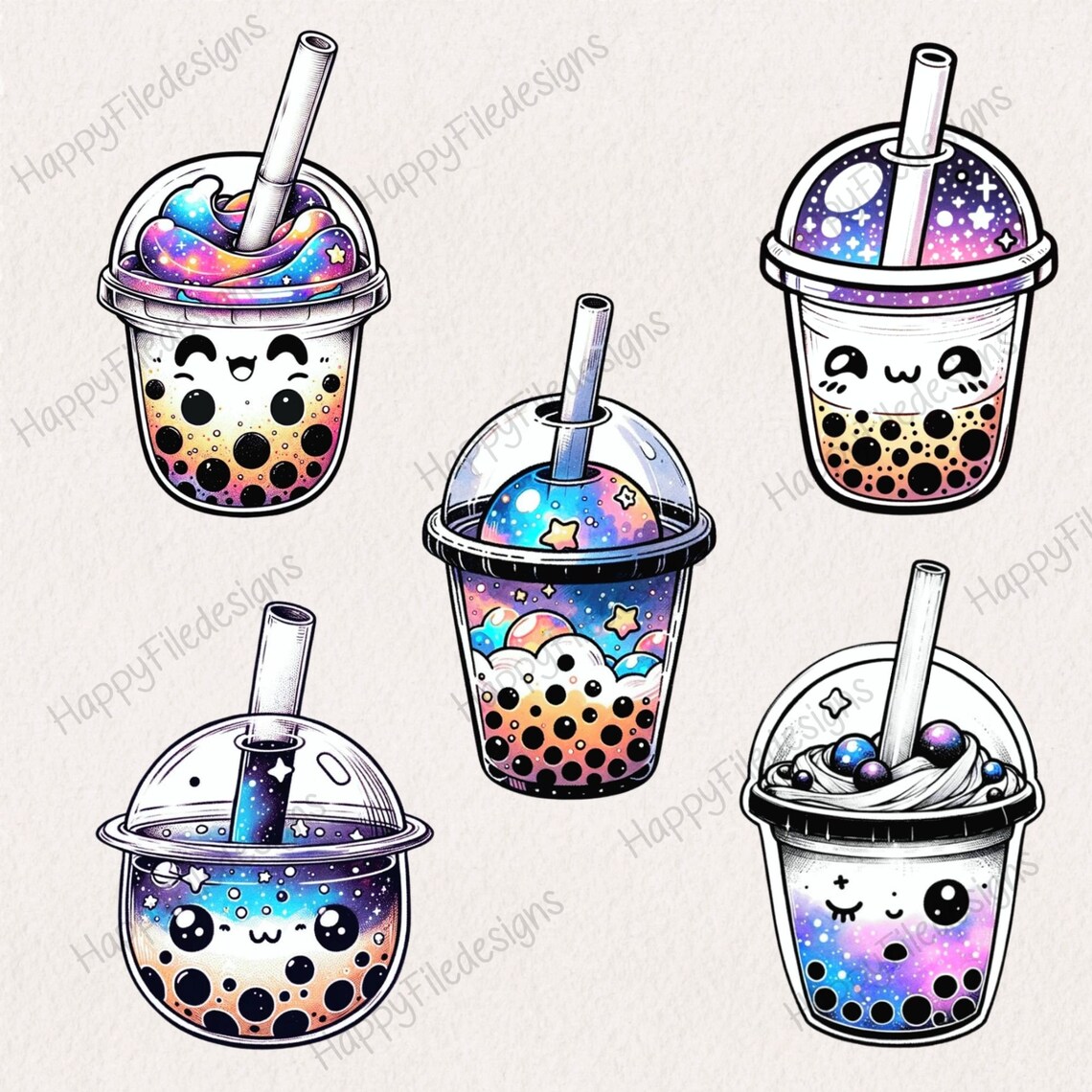 Bubble Tea Kawii Cilpart Set,galaxy Boba Tea Clipart, Bubble Tea Png ...