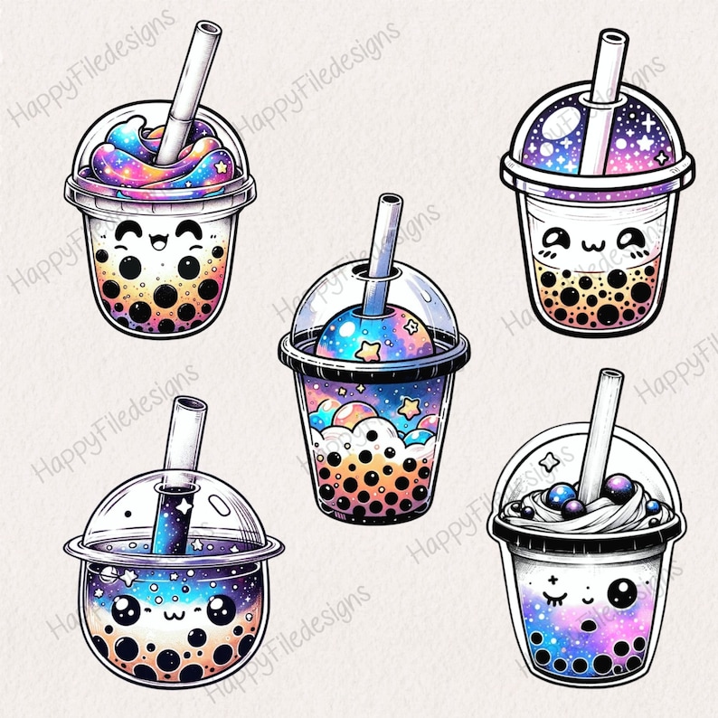 Bubble Tea Kawii Cilpart Set,galaxy Boba Tea Clipart, Bubble Tea Png ...