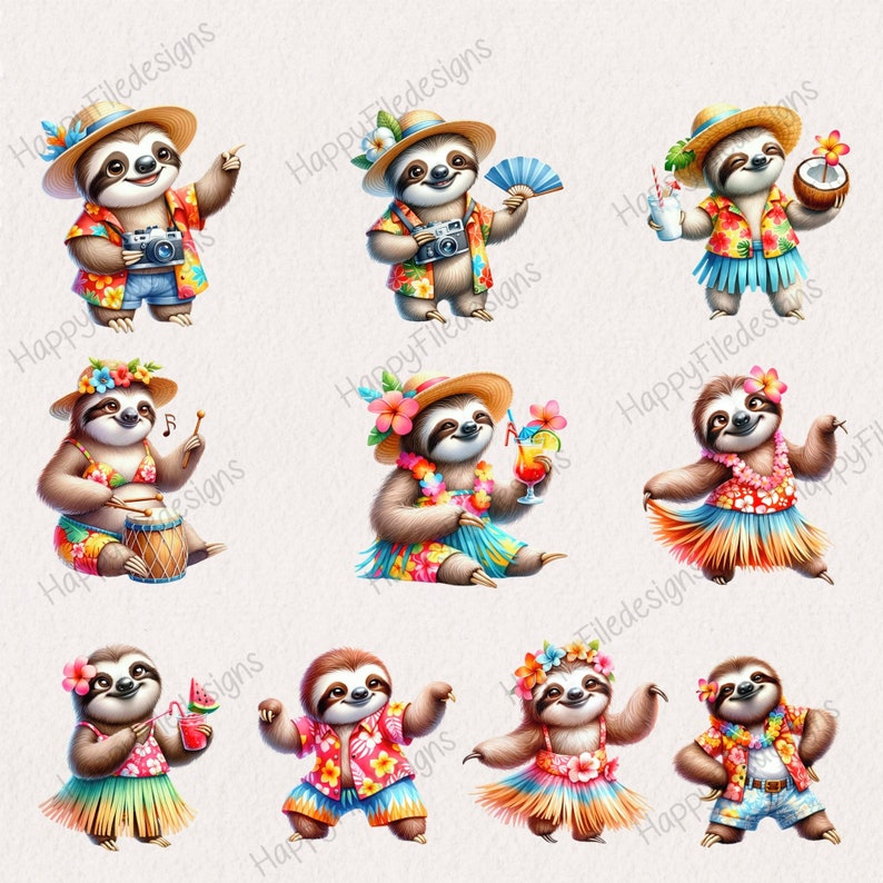 Summer Sloth Clipart, Sloths Hawaiian Watercolor Clipart, Hawaiian PNG ...