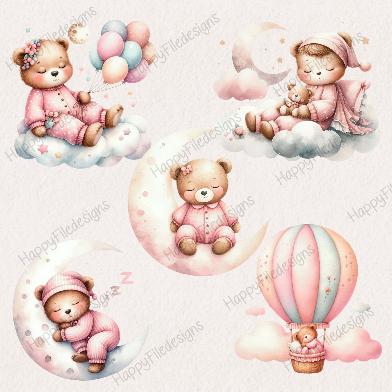 Watercolor Sleeping Teddy Bear Clipart, Pink Sleepy Teddy Bear Clipart ...