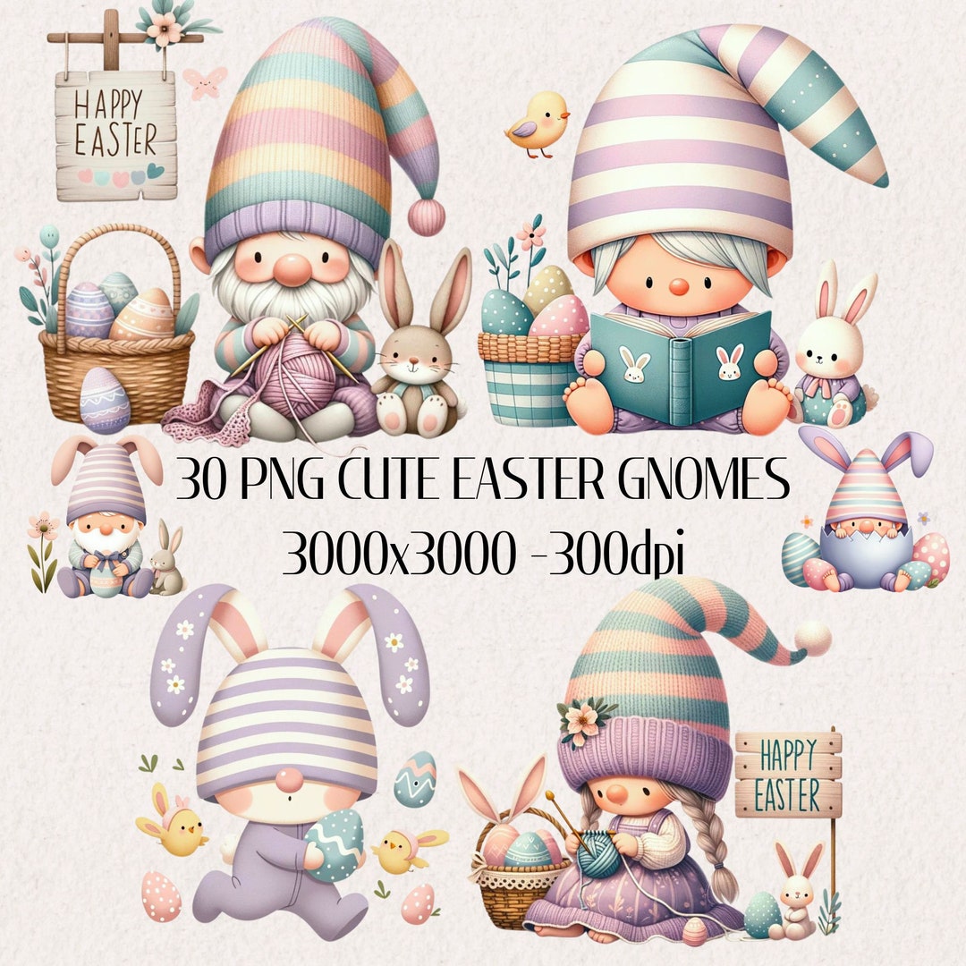 Cute Easter Gnomes Clipart Bundle - Watercolor Pastel PNG, Spring ...