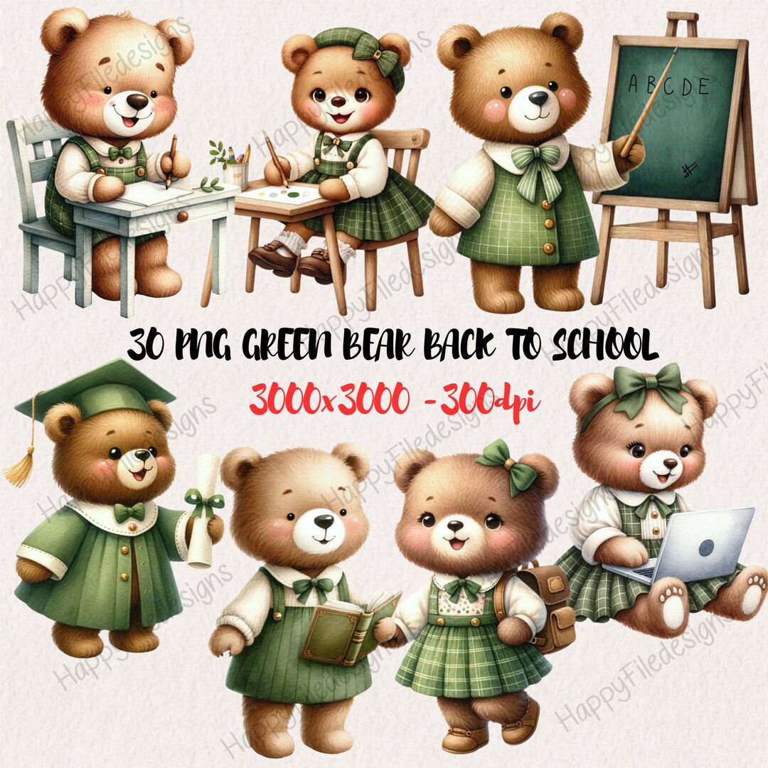 Watercolor Green Bear Back to School Clipart, Teddy Bear Clipart, Baby ...