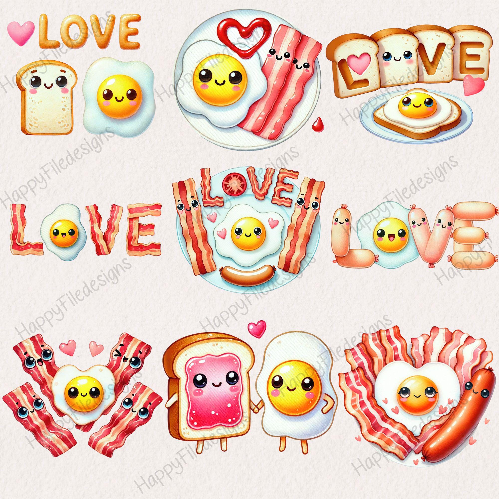 Kawaii Food Valentine Clipart: Bacon, Egg, Sausage (PNG) - Etsy