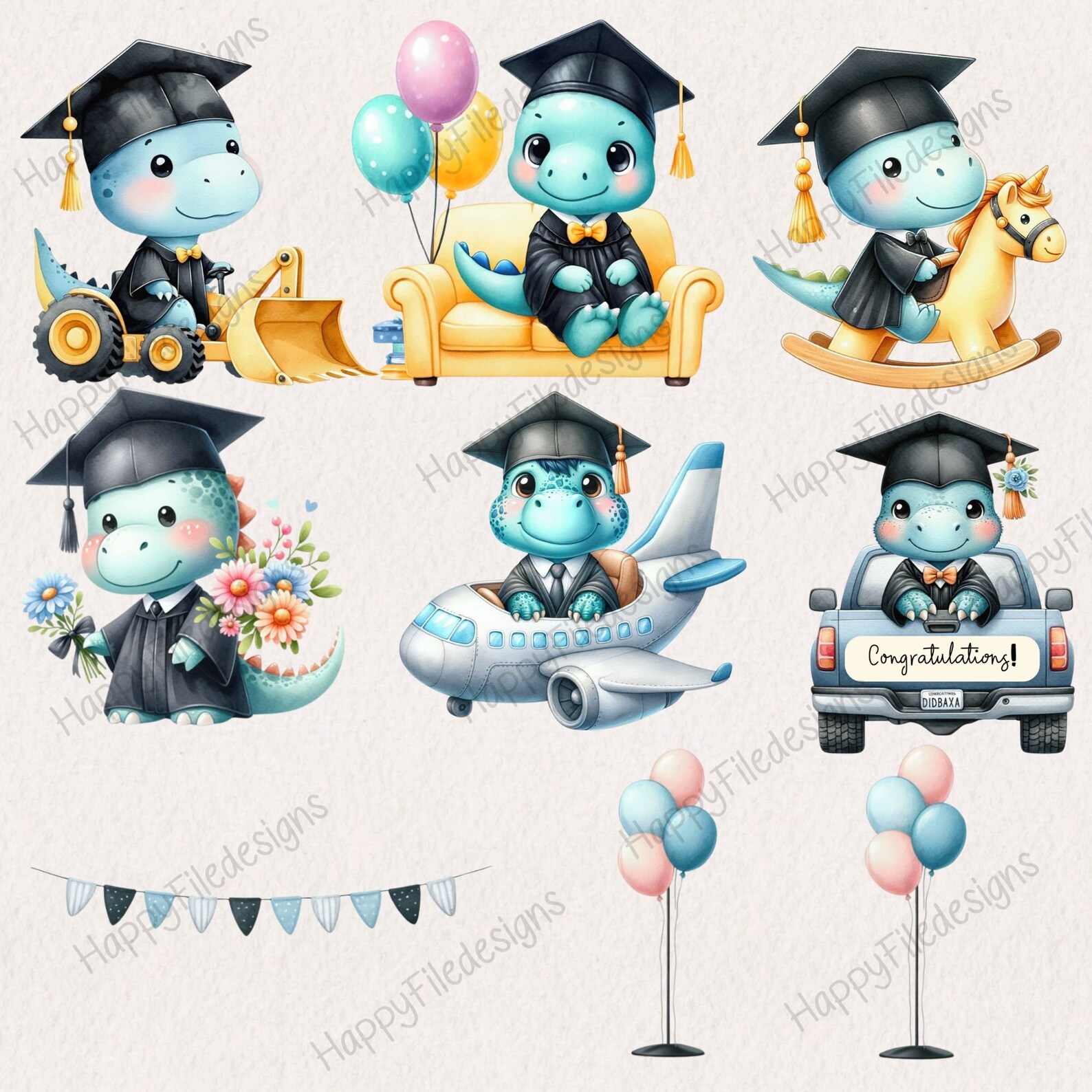 Watercolor Graduation Dinosaur Clipart, Cute Dinosaur PNG, Preschool ...