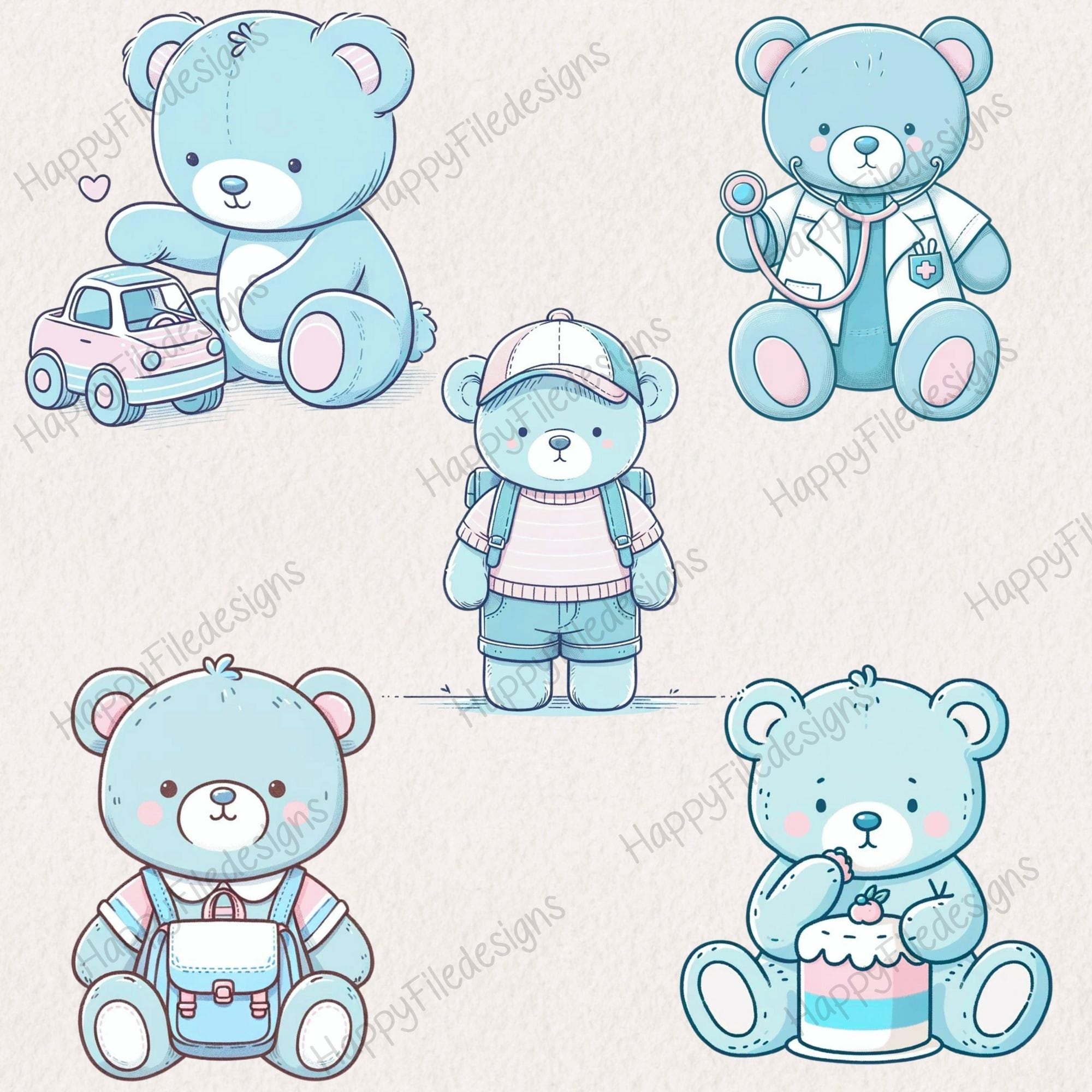 20 Teddy Bear Clipart for Boy, Watercolor Baby Shower Clipart, Bear ...