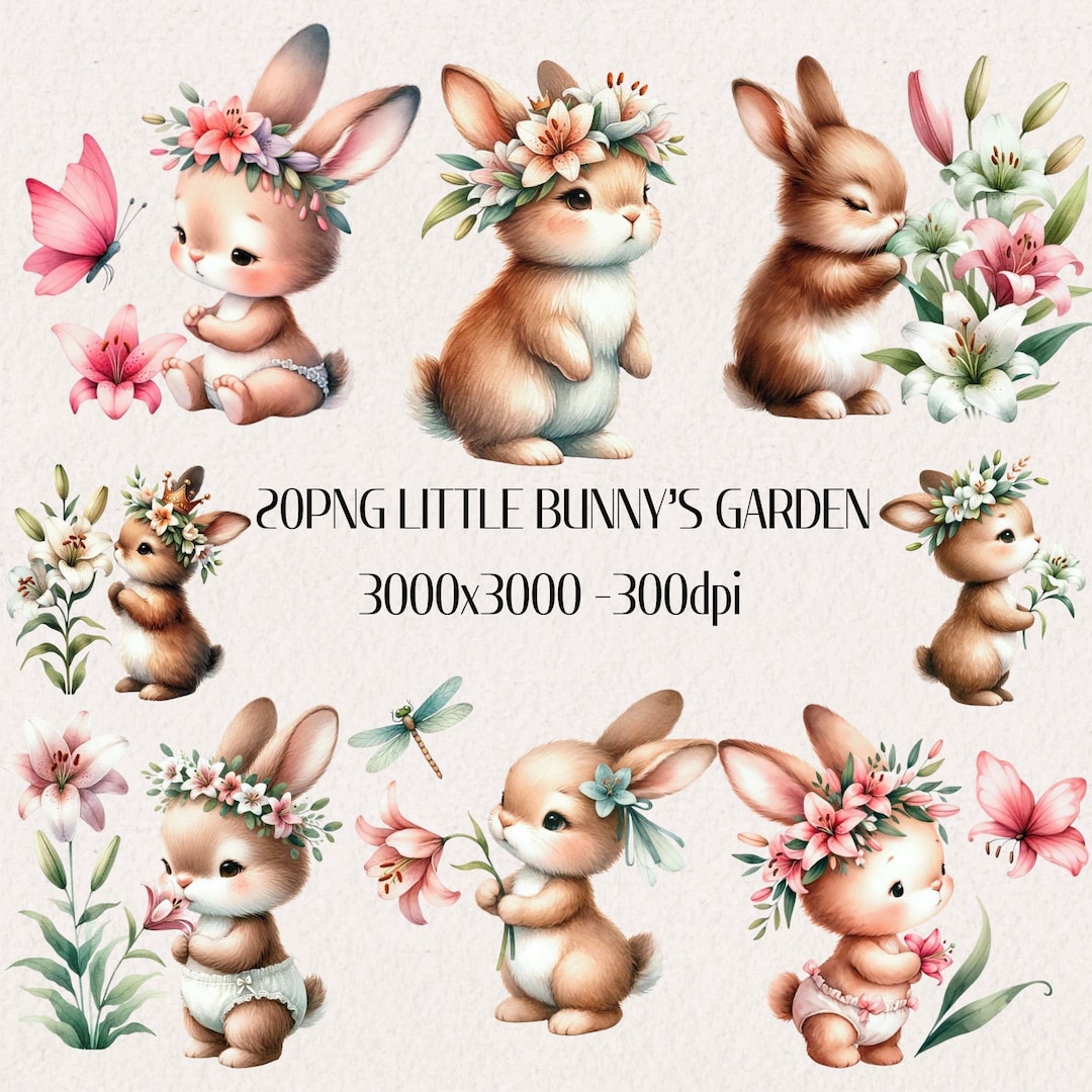 Watercolor Bunny Clipart: Floral Spring Garden Graphics (PNG) - Etsy