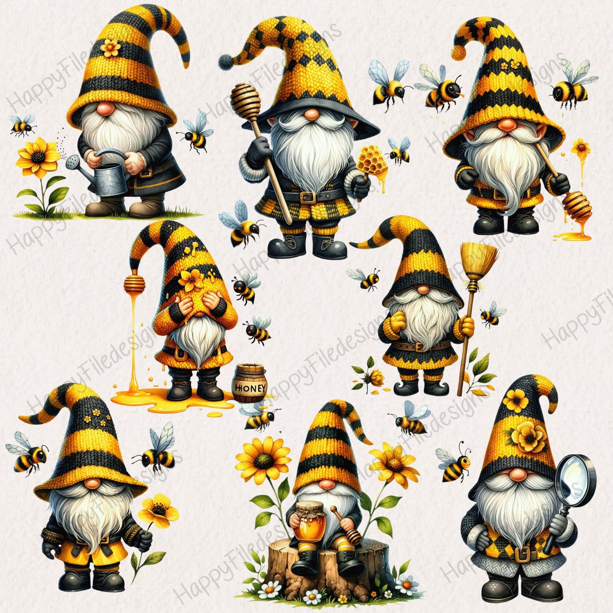 Watercolor Cute Bee Gnome Clipart, Bumble Bee Gnomes PNG Design, Bumble ...