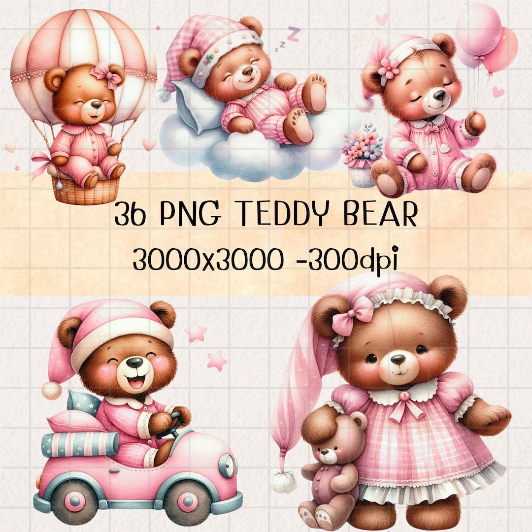Pink Teddy Bear Sleeping Clipart, Bear With Balloons PNG, Sleepy Bear ...