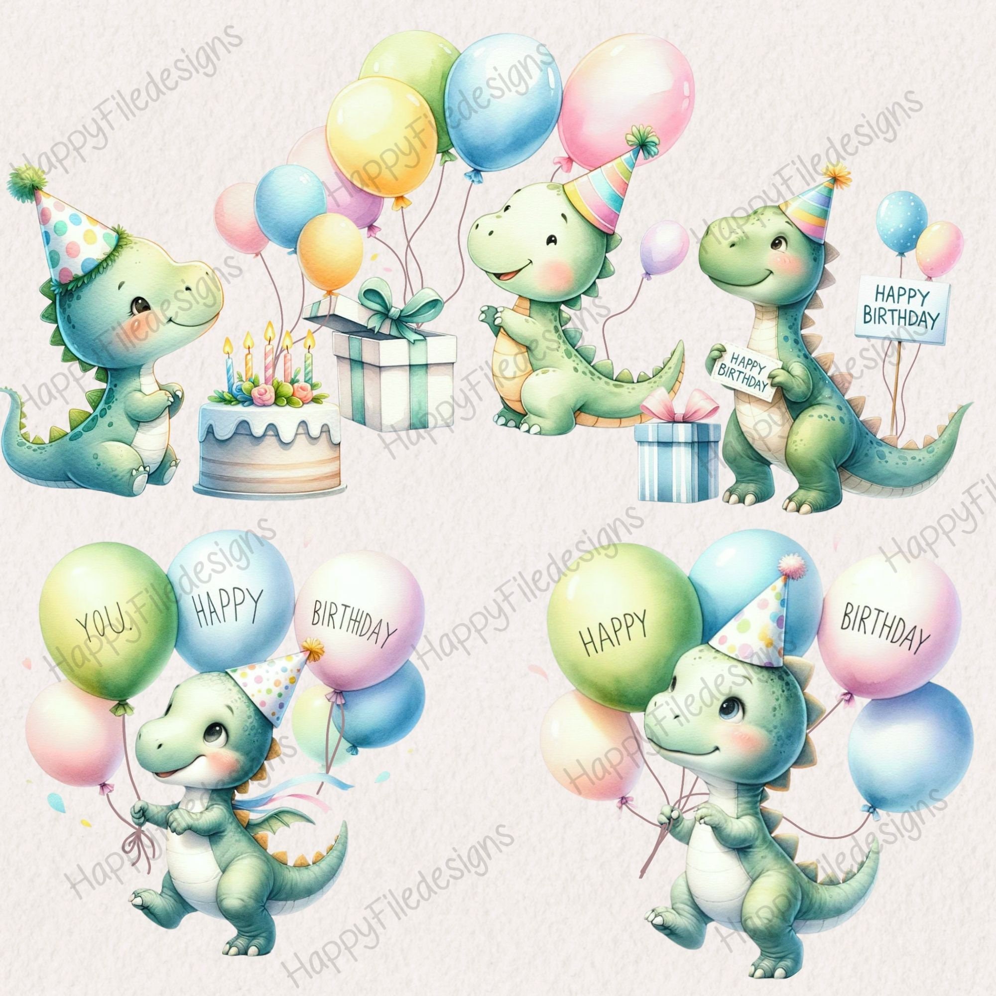 Cute Watercolor Dinosaur Birthday Clipart, Dinosaur Birthday Party ...