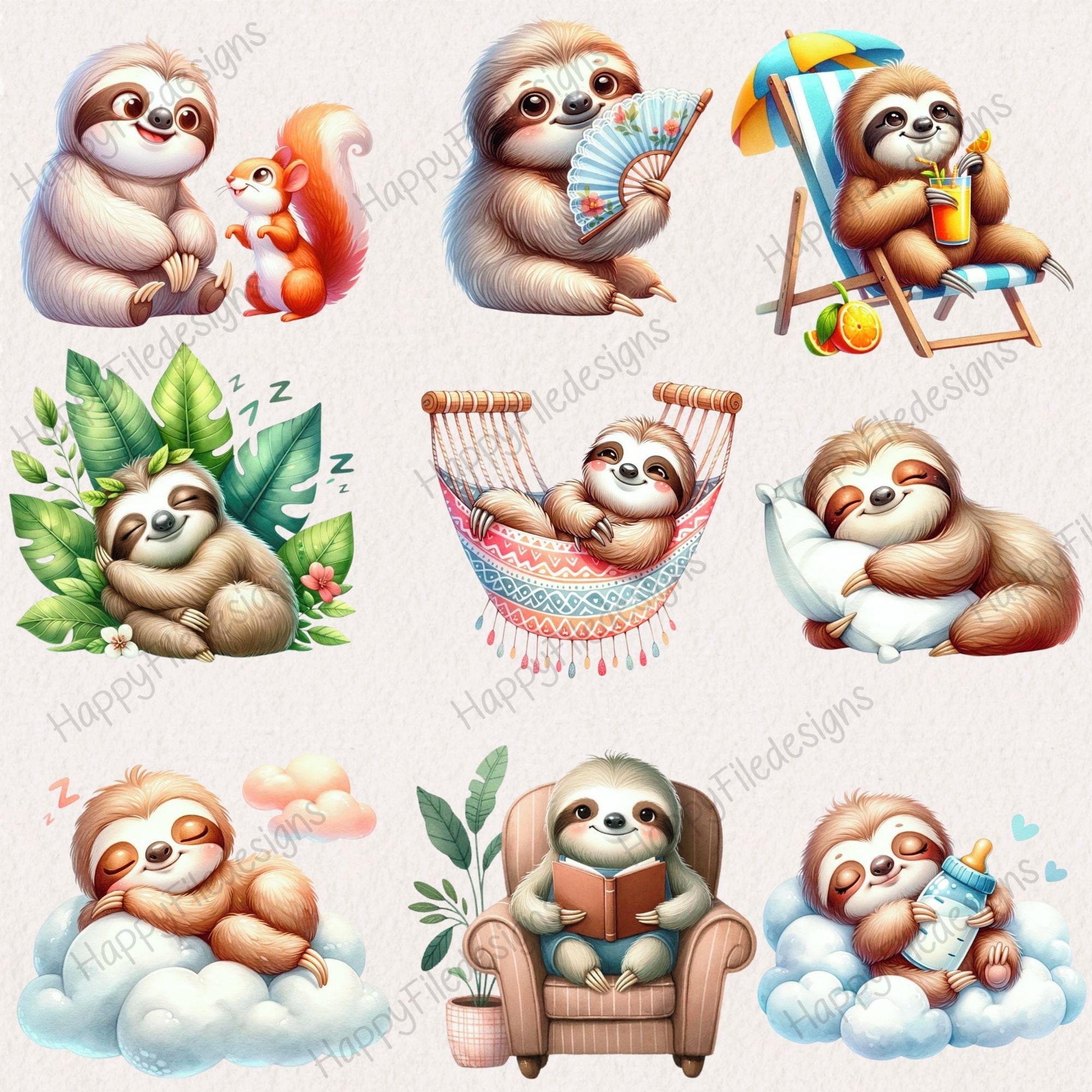 Cute and Adorable Sloth Clipart ,watercolor Sloth Clipart - Cute ...