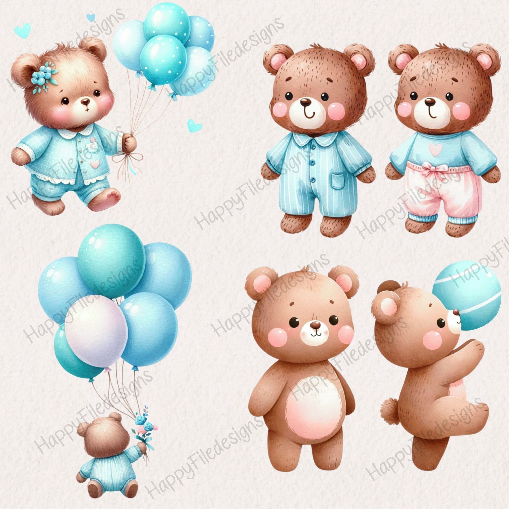Watercolor Teddy Bear Clipart for Boy, Watercolor Baby Shower Clipart ...