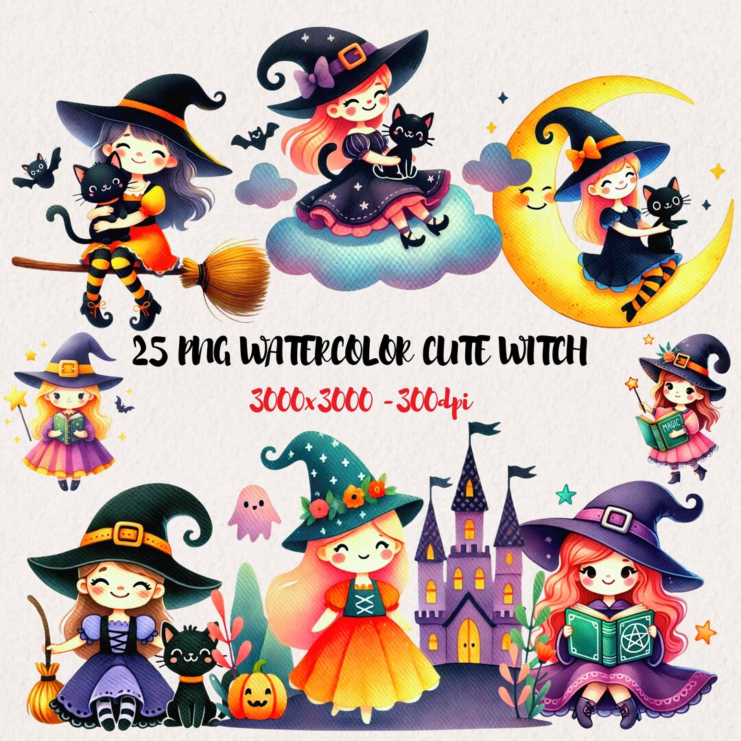 Watercolor Witches Clipart, Cute Witches Clipart, Halloween Witches PNG ...