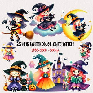 Watercolor Witches Clipart, Cute Witches Clipart, Halloween Witches PNG ...