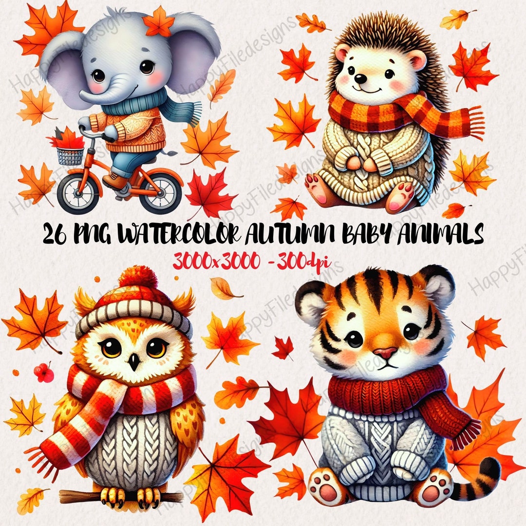 Watercolor Autumn Animal Clipart, Fall Clipart, Woodland Animal, Happy ...