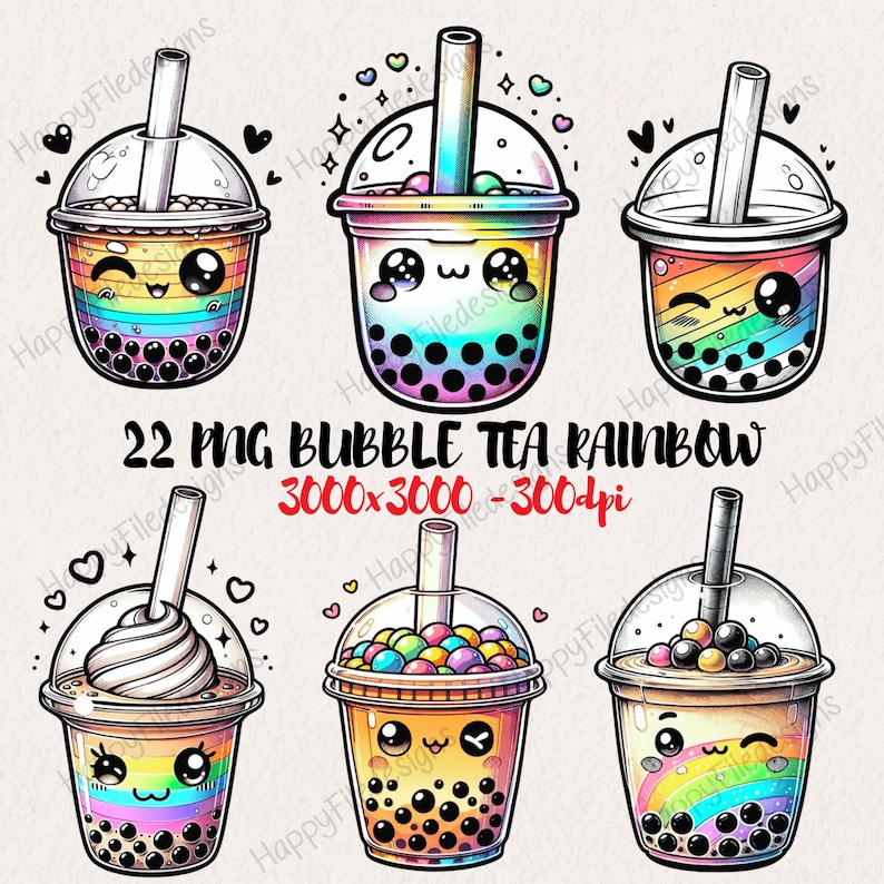 Bubble Tea Kawaii Clipart Set, Cute Bubble Tea Rainbow Clip Art ,boba ...