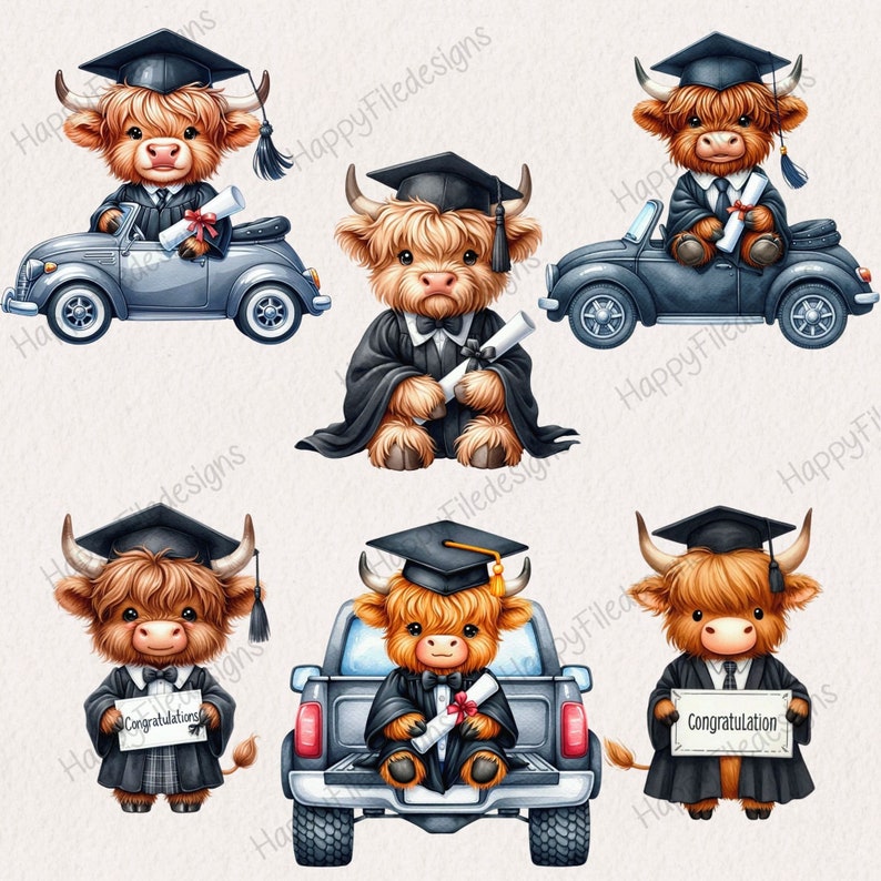 Watercolor Graduation Highland Cow Clipart: Nursery PNG Set - Etsy