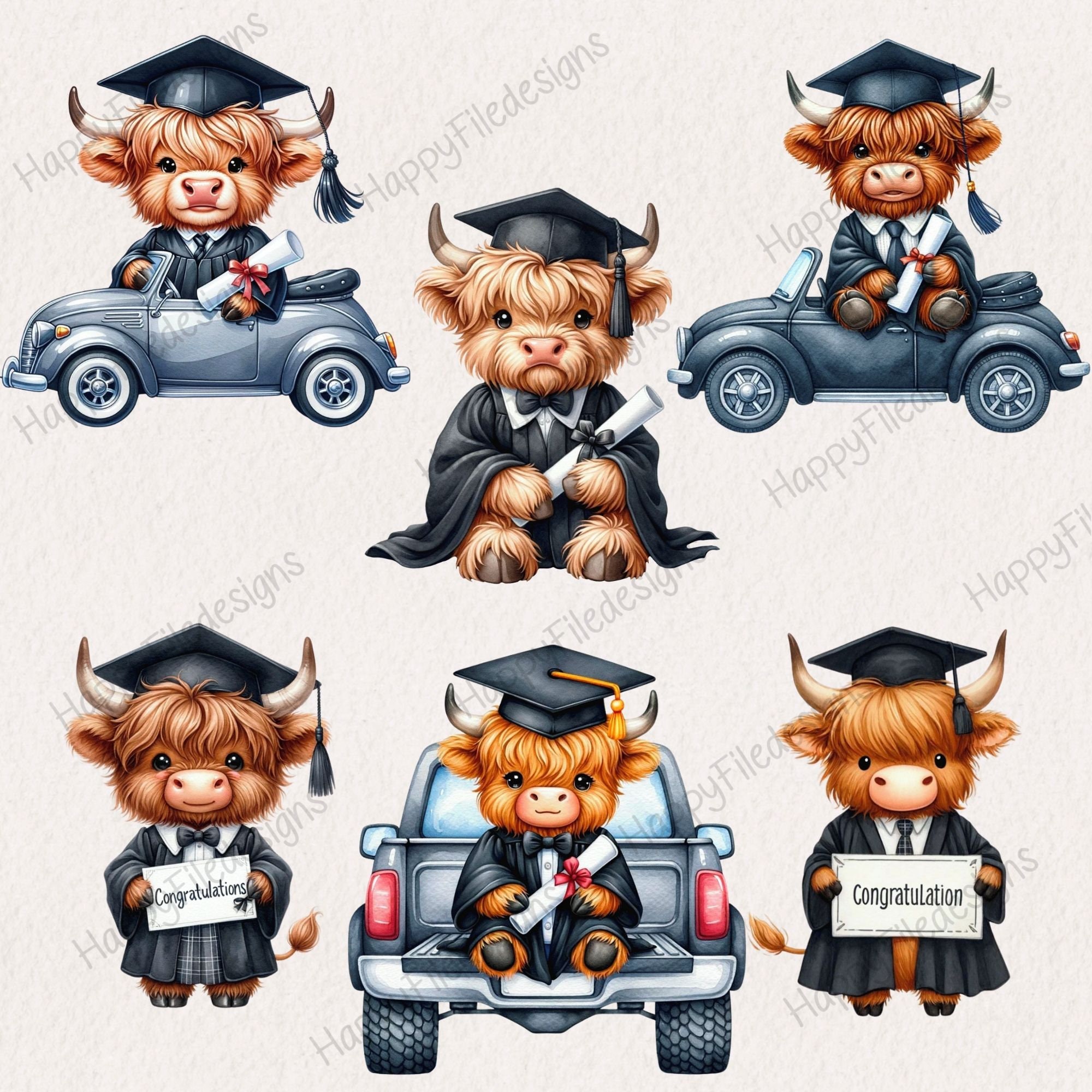 Watercolor Graduation Highland Cow Clipart: Nursery PNG Set - Etsy