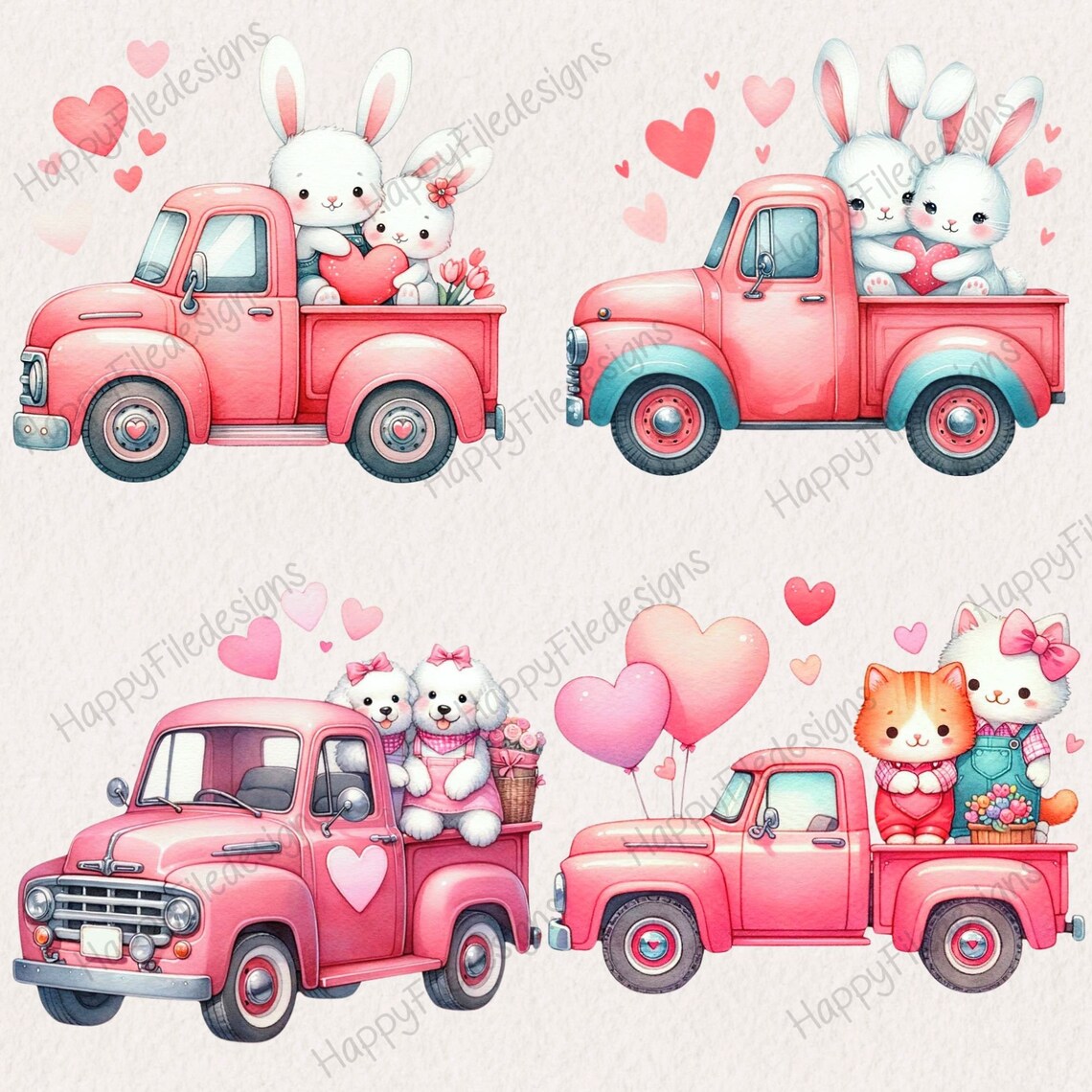Valentines Truck Watercolor Clipart, Vintage Pink Truck, Wedding ...