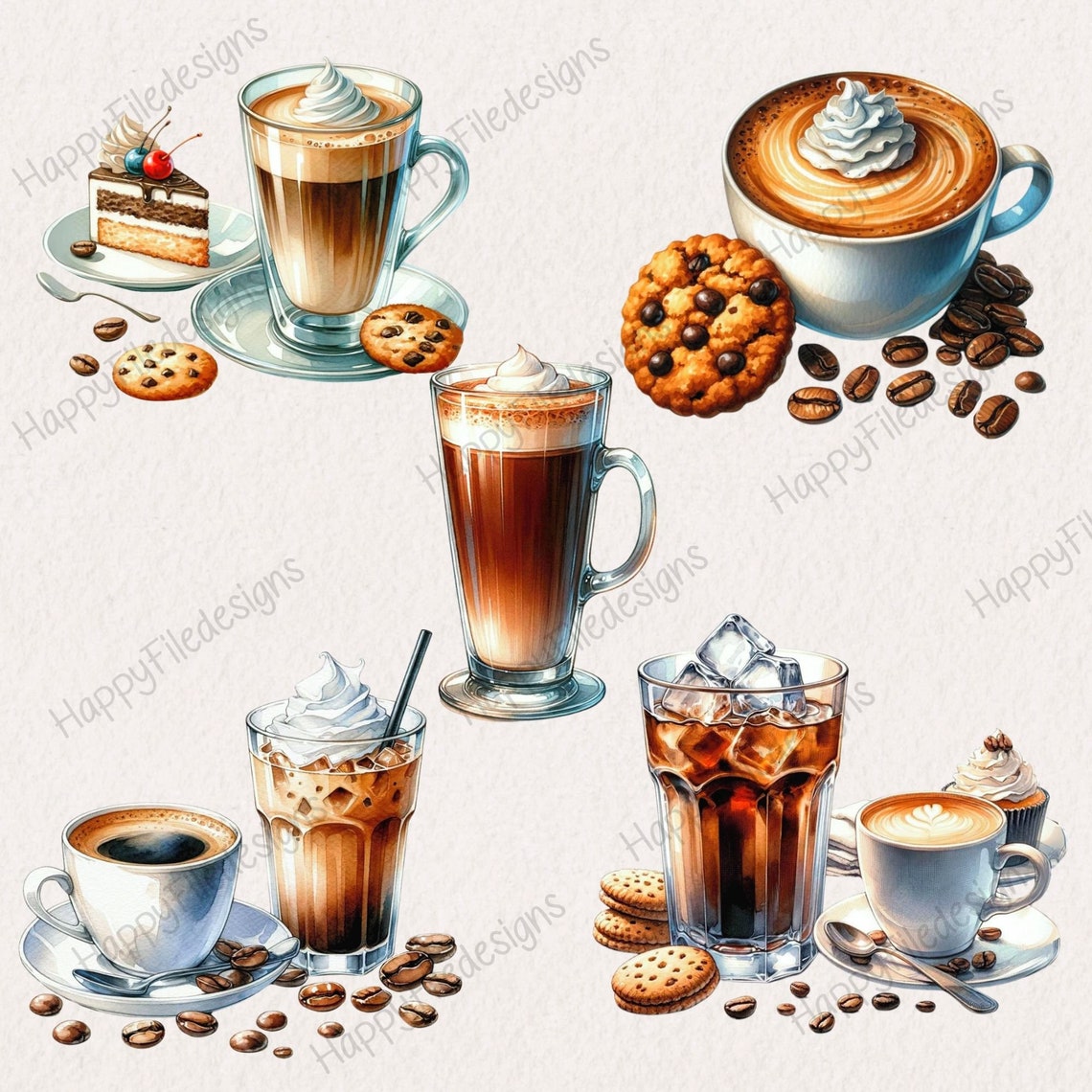 Watercolor Coffee Clipart: Latte, Mugs, Beans (PNG Digital Download) - Etsy