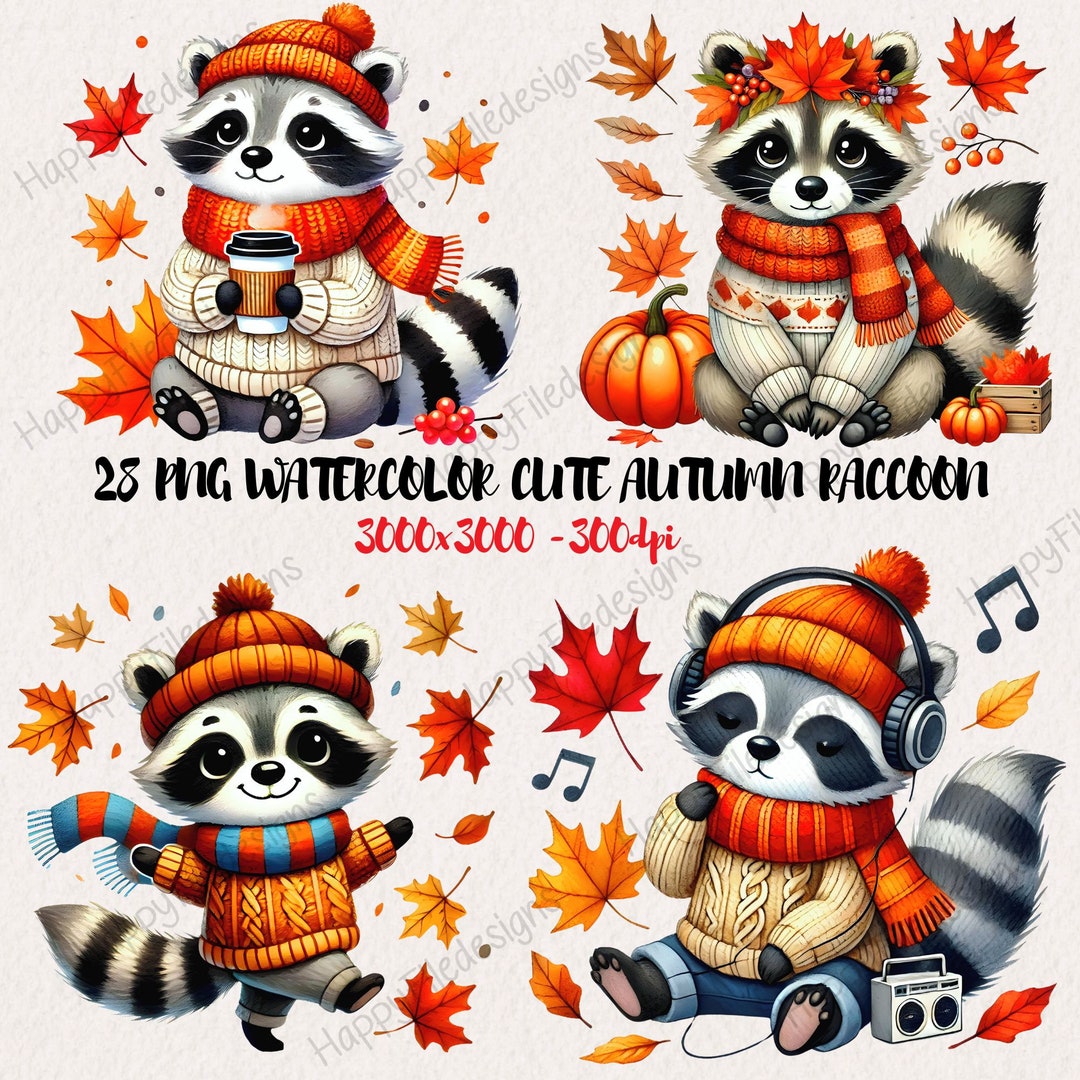 Watercolor Cute Autumn Raccoons, PNG Animal Clipart, Fall Raccoons ...