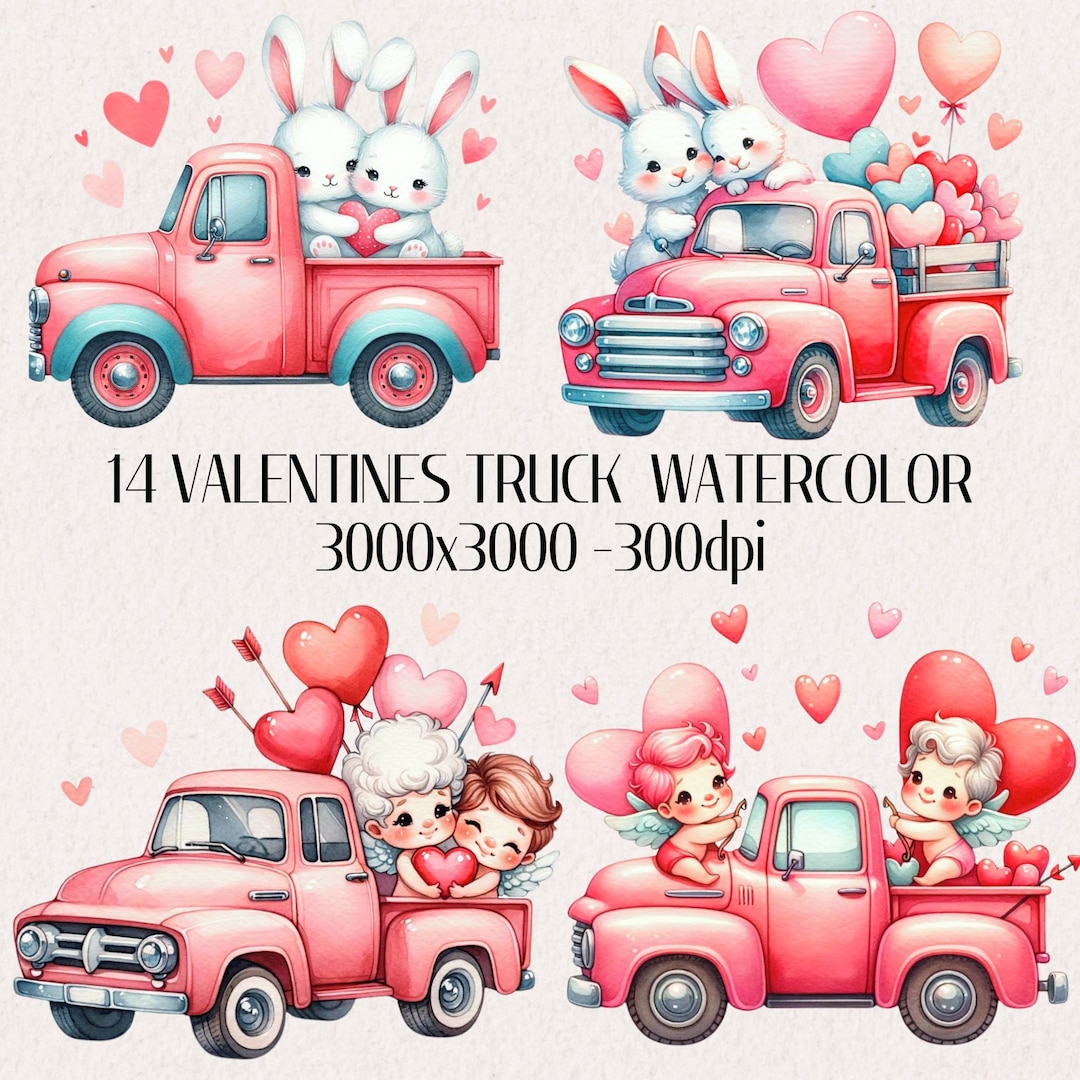 Valentines Truck Watercolor Clipart, Vintage Pink Truck, Wedding ...