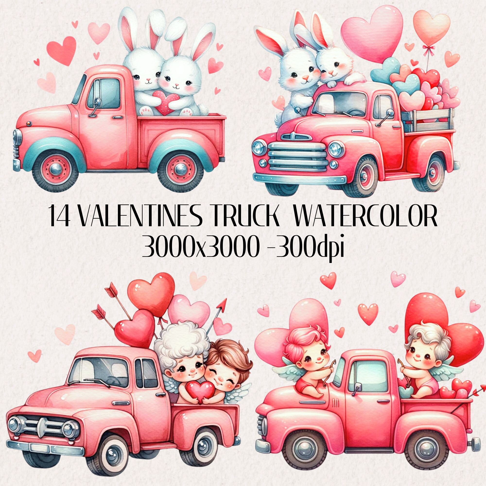 Valentines Truck Watercolor Clipart, Vintage Pink Truck, Wedding ...