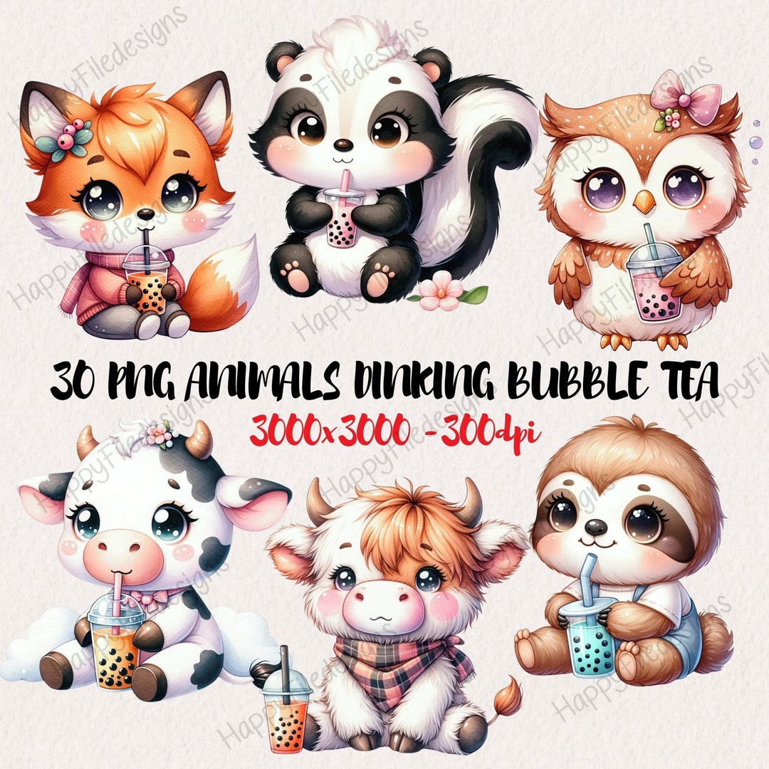 Cute Animals Drink Boba Tea Clipart, Bundle Set Kawaii Animal Cartoon ...
