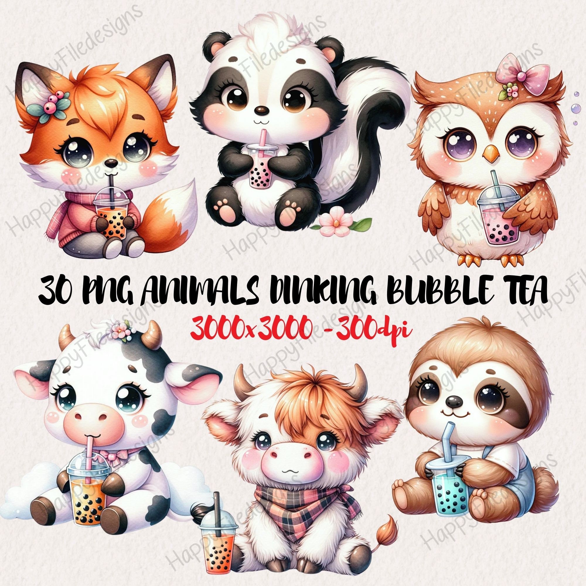 Cute Animals Drink Boba Tea Clipart, Bundle Set Kawaii Animal Cartoon ...