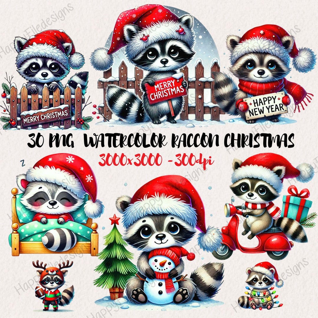 Watercolor Raccoon Christmas Clipart, Racoon PNG, Happy Christmas ...
