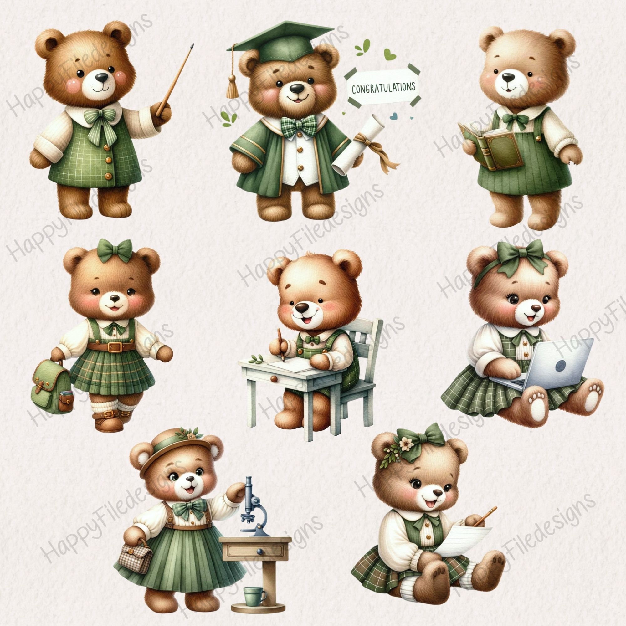 Watercolor Green Bear Back to School Clipart, Teddy Bear Clipart, Baby ...