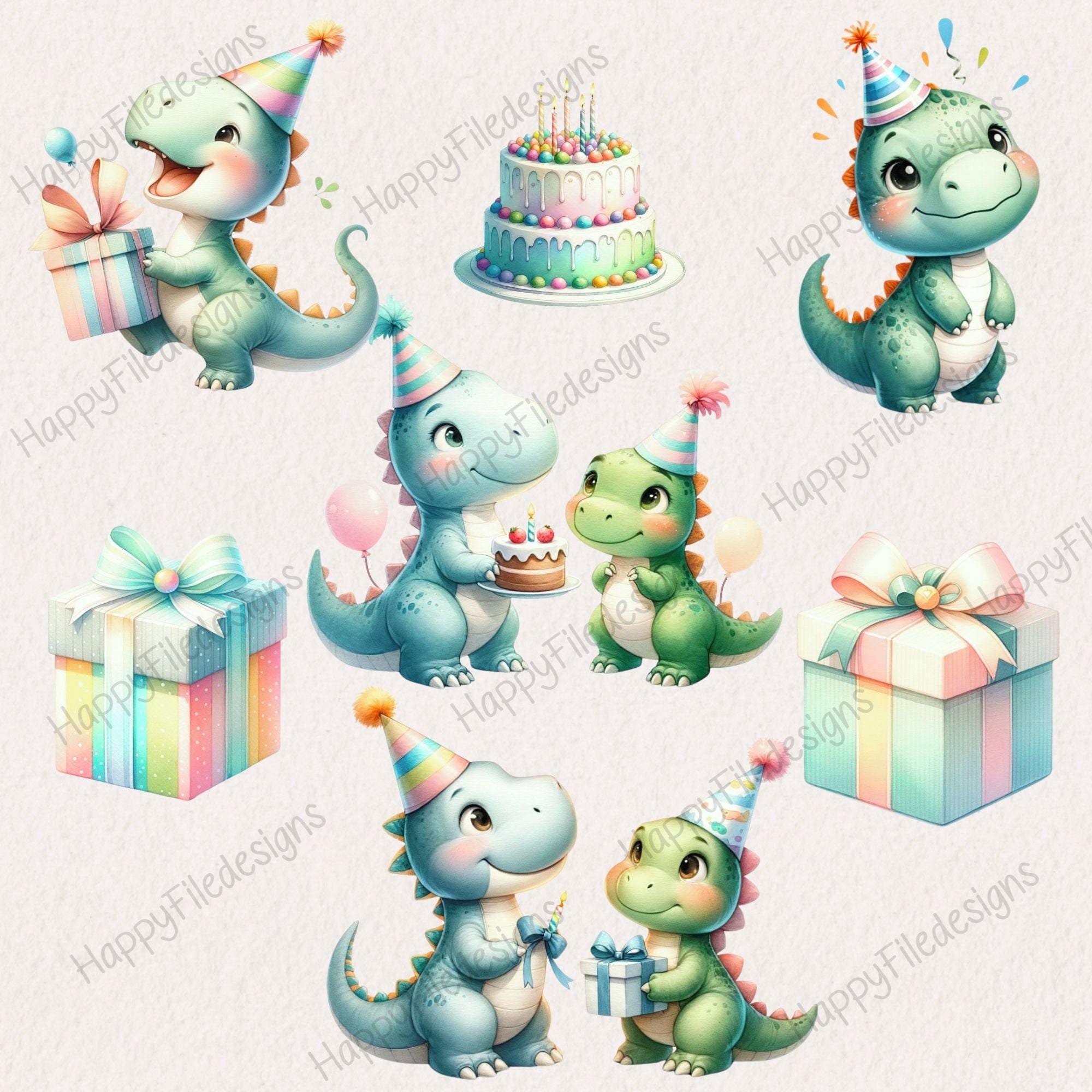 Cute Watercolor Dinosaur Birthday Clipart, Dinosaur Birthday Party ...