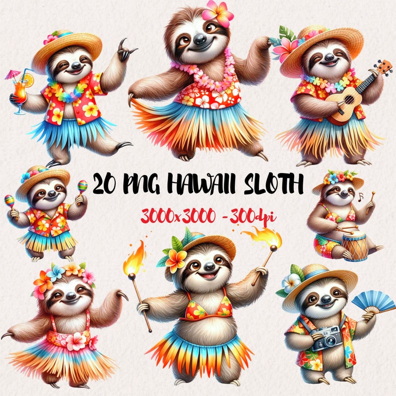 Summer Sloth Clipart, Sloths Hawaiian Watercolor Clipart, Hawaiian PNG ...