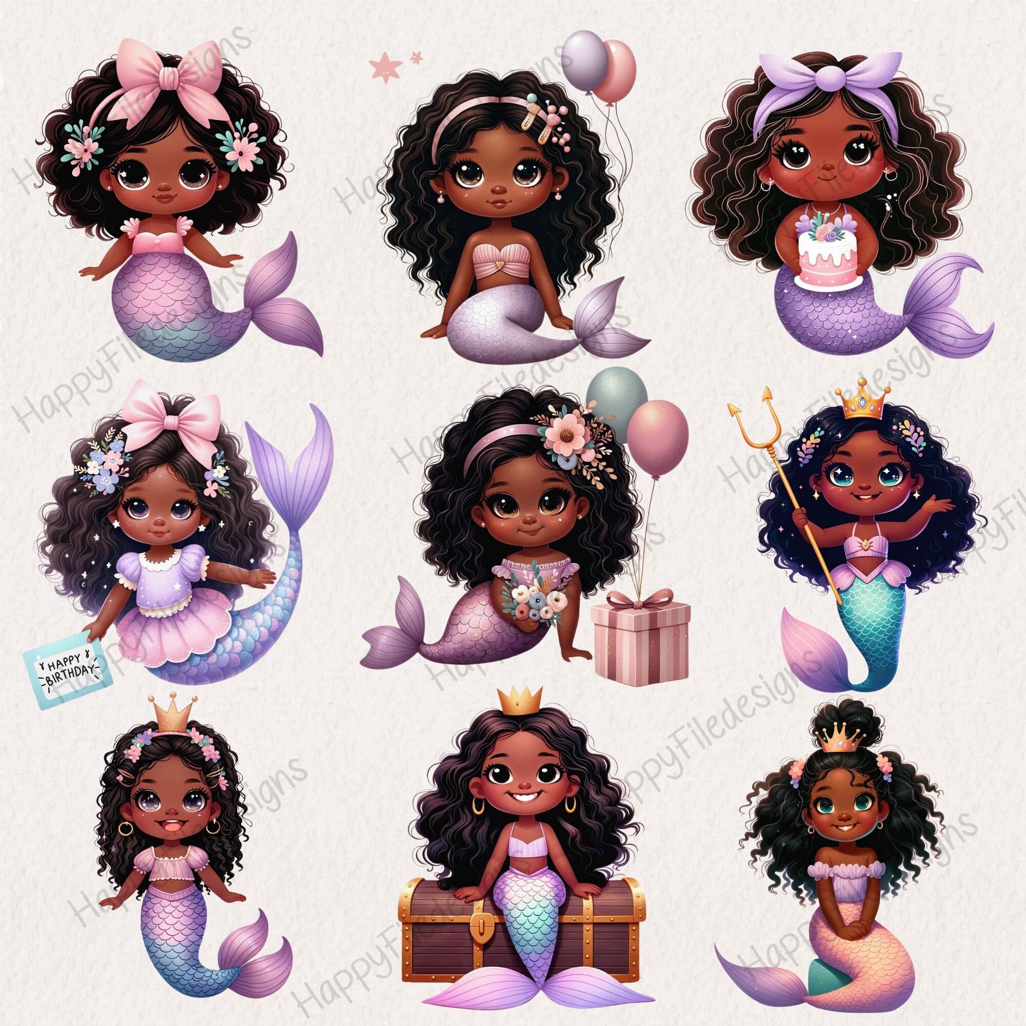 Cute African Mermaid Clipart, Mermaid Birthday Clipart, Little Mermaid ...