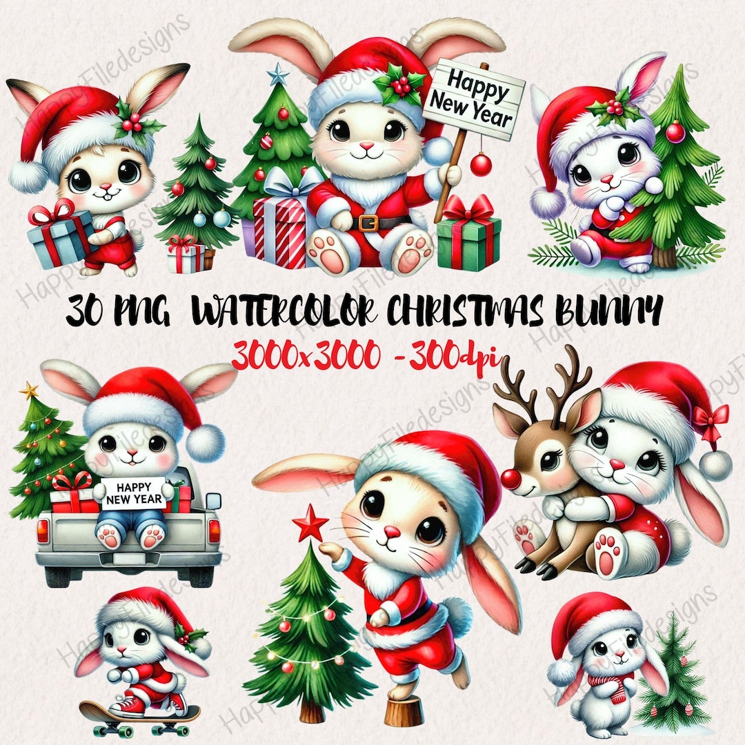 Watercolor Christmas Bunny Clipart, Xmas Rabbit, Christmas Bunny ...