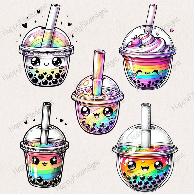 Kawaii Bubble Tea Clipart Set: Rainbow Boba Tea PNG (digital Download ...