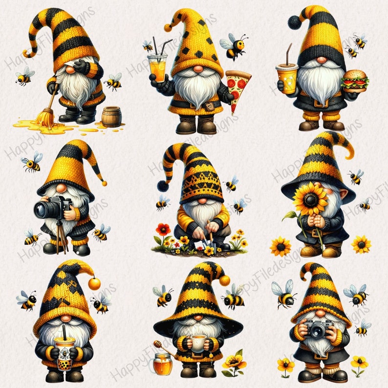 Watercolor Cute Bee Gnome Clipart, Bumble Bee Gnomes PNG Design, Bumble ...