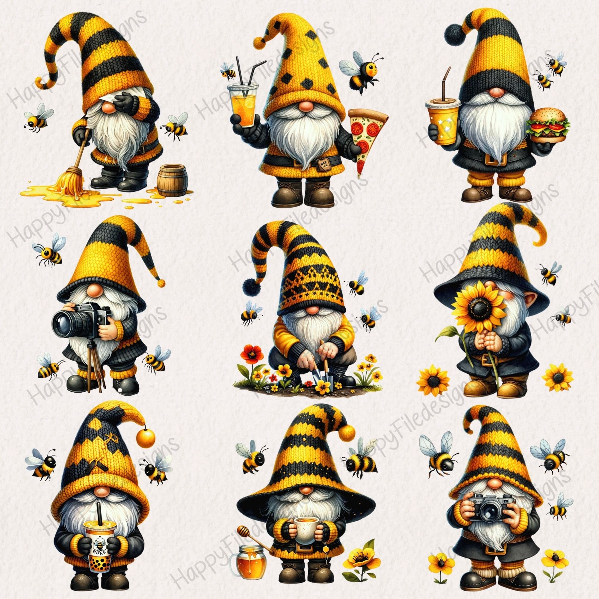 Watercolor Cute Bee Gnome Clipart, Bumble Bee Gnomes PNG Design, Bumble ...