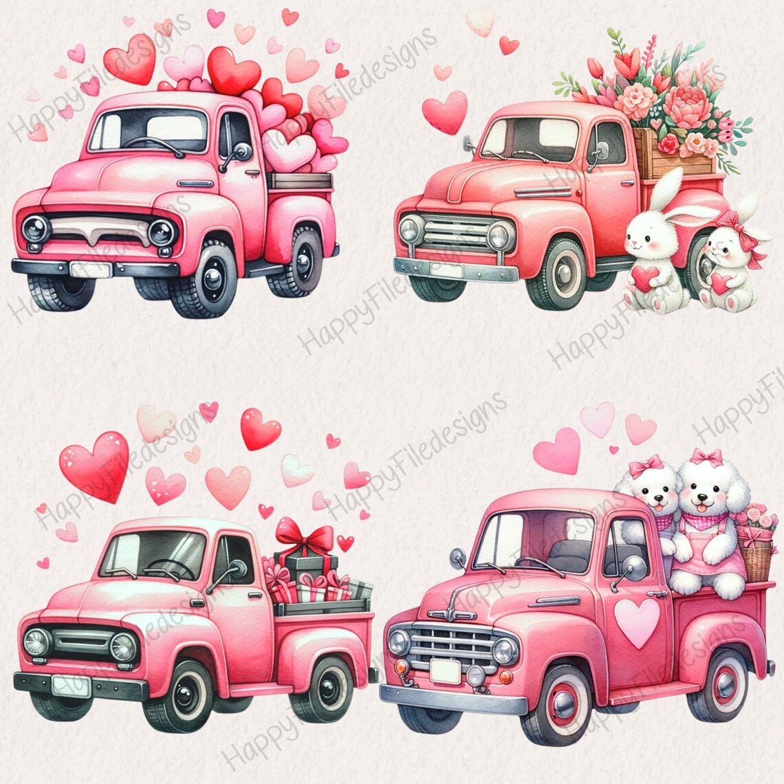 Valentines Truck Watercolor Clipart, Vintage Pink Truck, Wedding ...