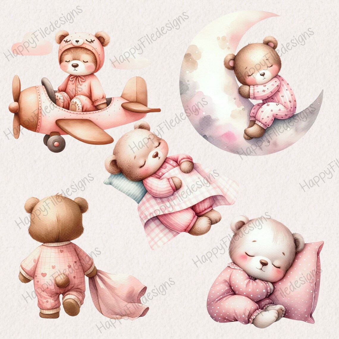 Watercolor Sleeping Teddy Bear Clipart, Pink Sleepy Teddy Bear Clipart ...