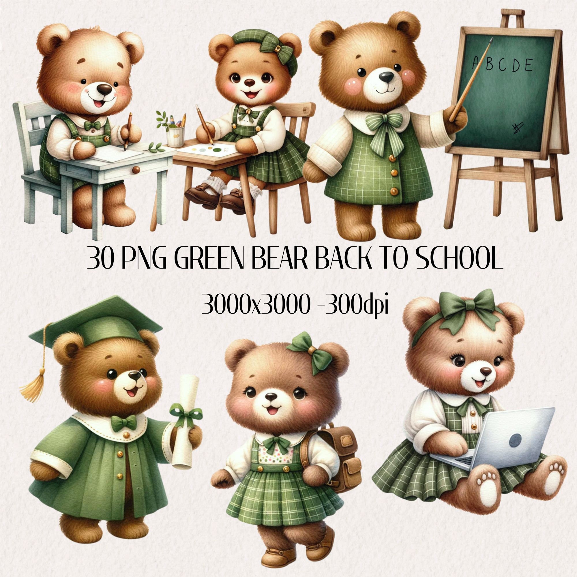 Watercolor Green Bear Back to School Clipart, Teddy Bear Clipart, Baby ...