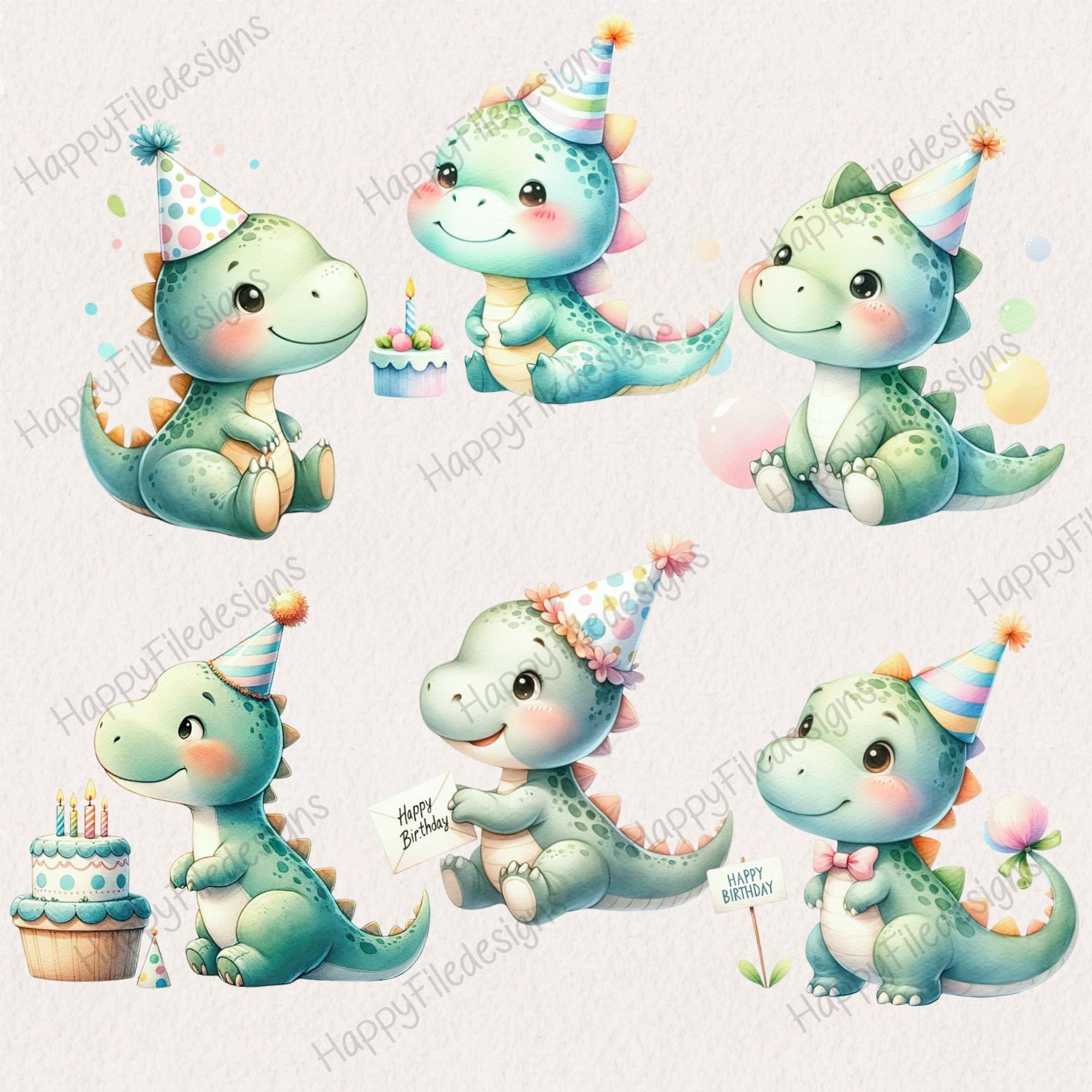 Cute Watercolor Dinosaur Birthday Clipart, Dinosaur Birthday Party ...