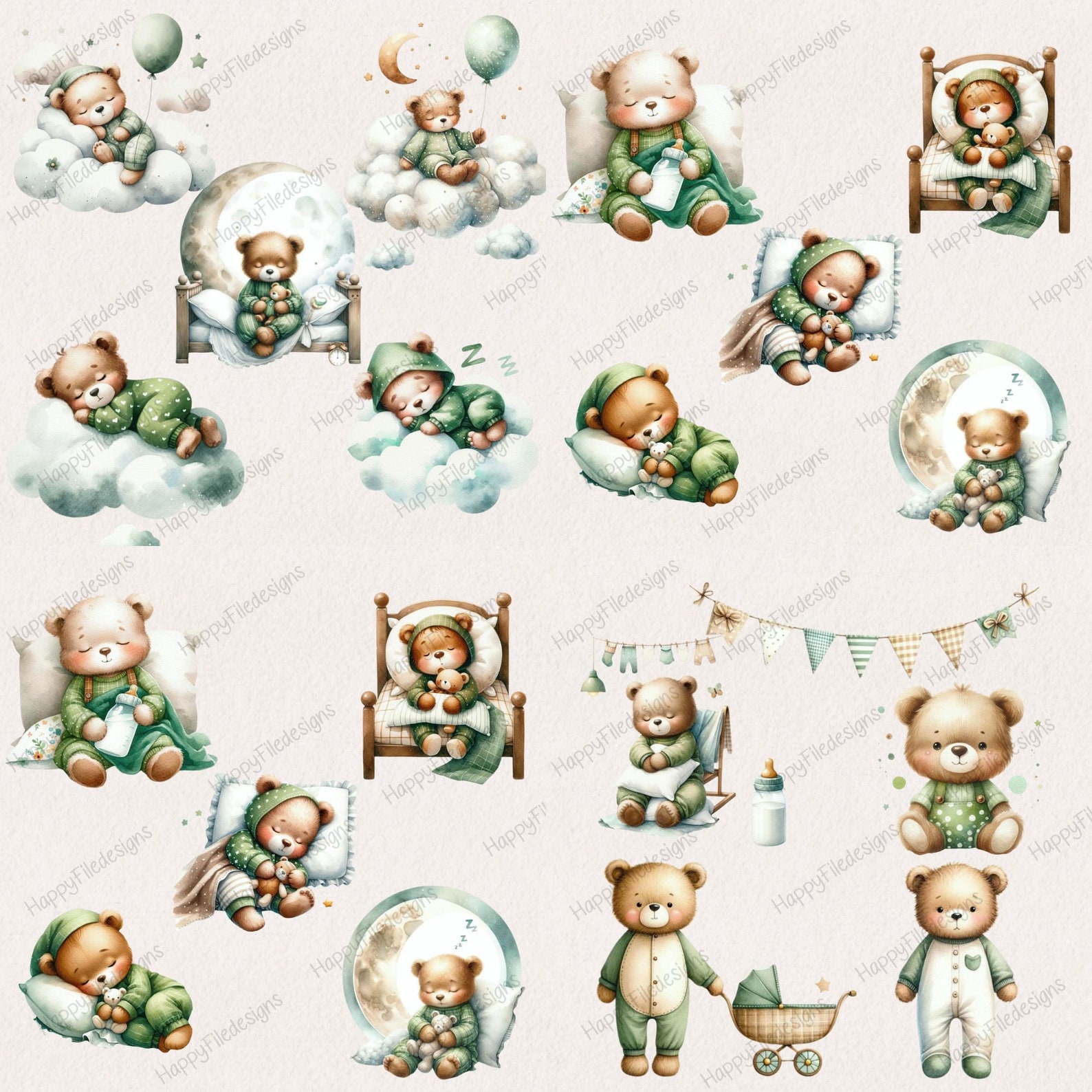 Green Bear Sleeping Clipart, Green Teddy Bear Sleeping Clipart, Baby ...