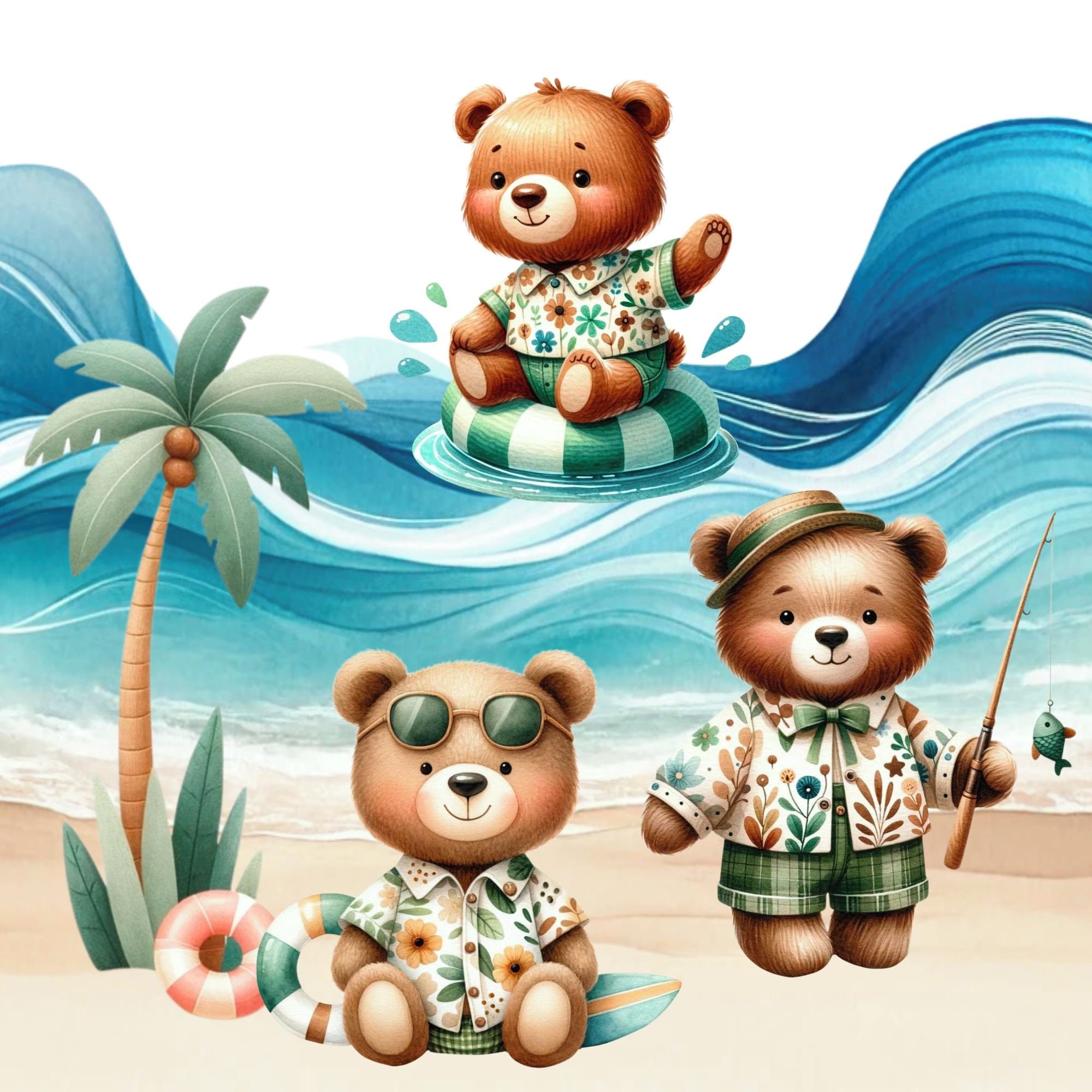 Watercolor Summer Bear Clipart, Baby Bear Clipart, Beach Bear PNG, Cute ...