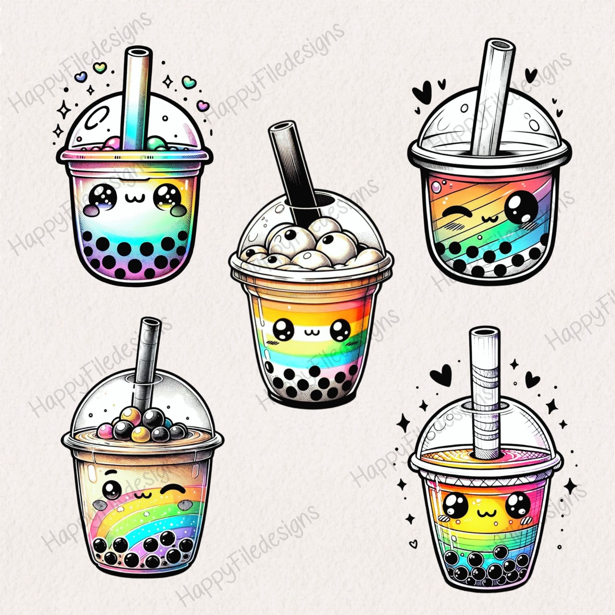Kawaii Bubble Tea Clipart Set: Rainbow Boba Tea PNG (digital Download ...