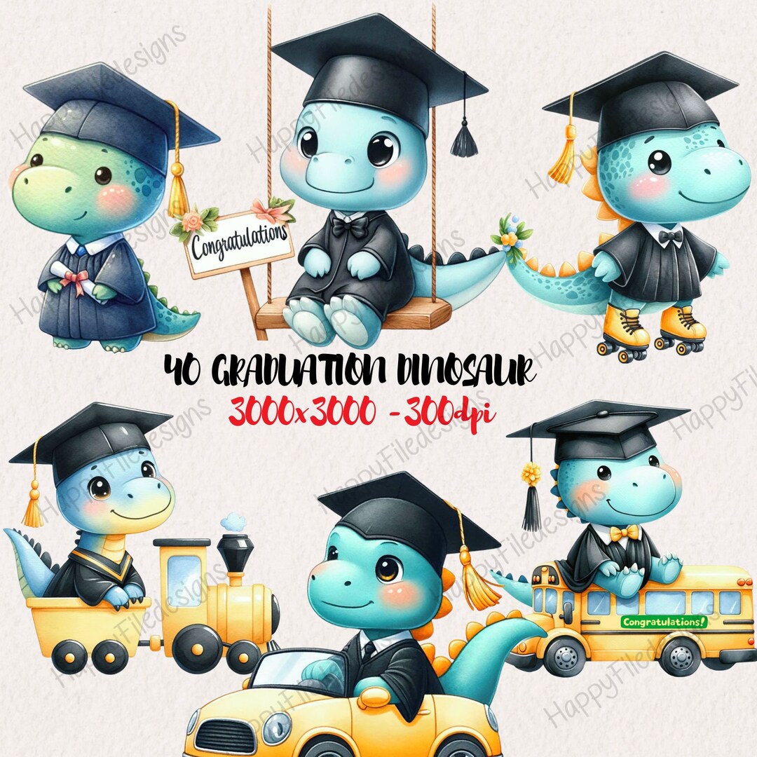 Watercolor Graduation Dinosaur Clipart, Cute Dinosaur PNG, Preschool ...