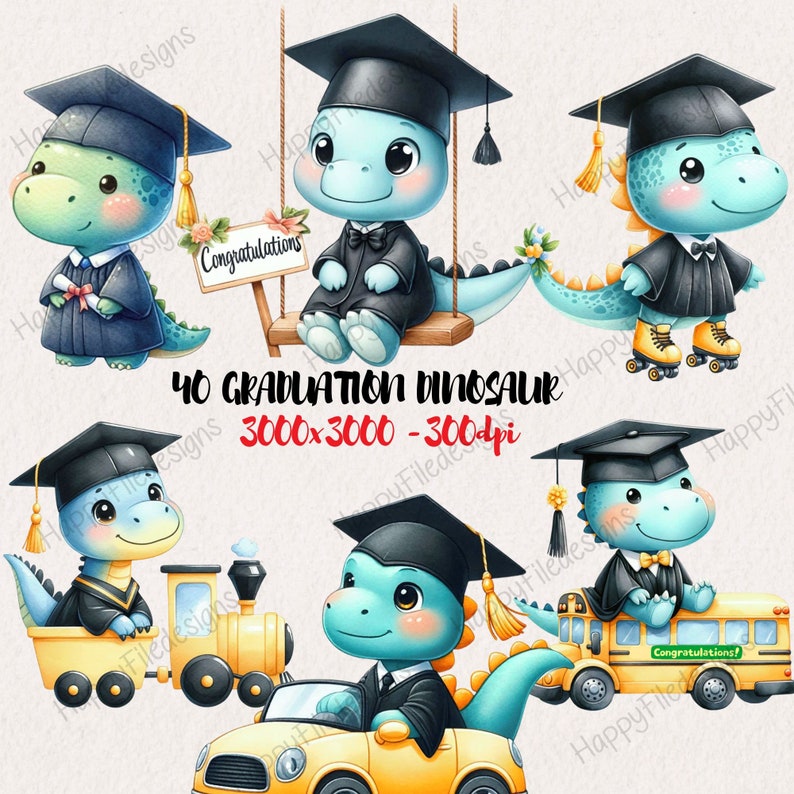 Watercolor Graduation Dinosaur Clipart, Nursery PNG (digital Download ...