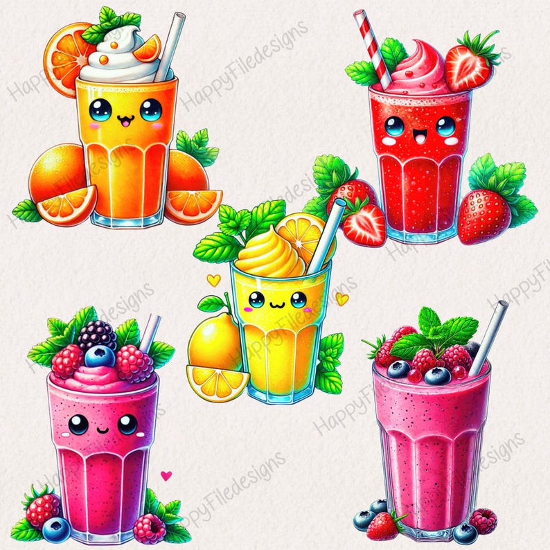 Watercolor Kawaii Fruits Smoothie Clip Art, Smoothies PNG, Summer Fruit ...
