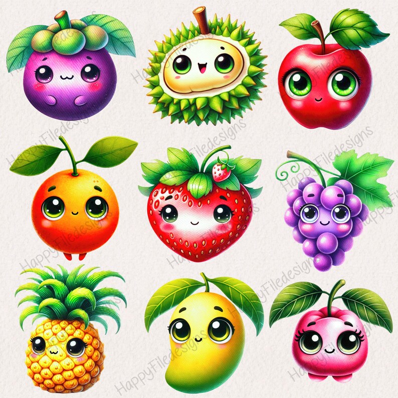 Watercolor Kawaii Fruits Clipart, Cute PNG Bundle (digital Download) - Etsy