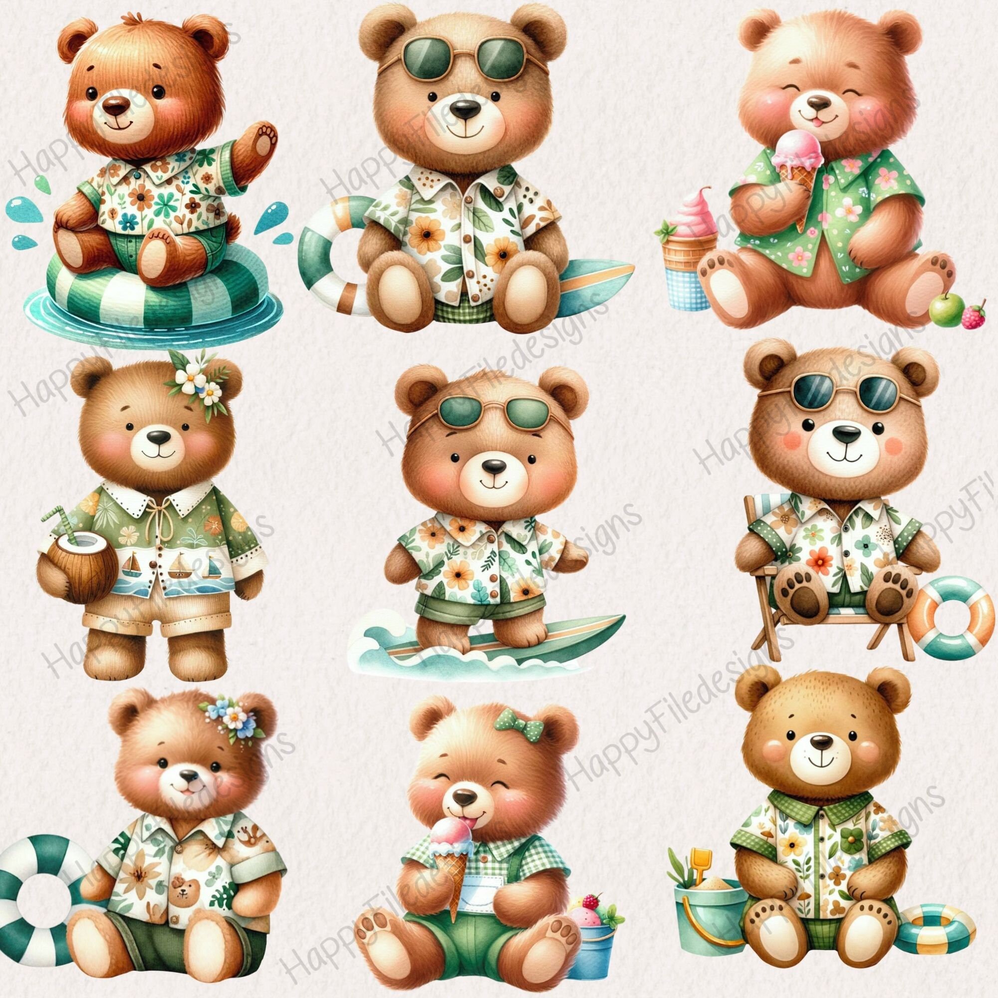 Watercolor Summer Bear Clipart, Baby Bear Clipart, Beach Bear PNG, Cute ...